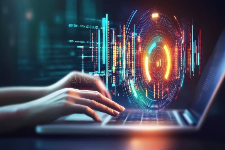 Futuristic Digital Data Interface with Holographic Charts and Glowing Circular Elements Emerging ...