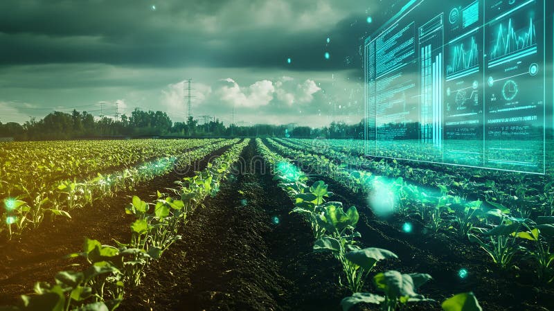 Futuristic Digital Data Interface Over Green Agricultural Field Under ...