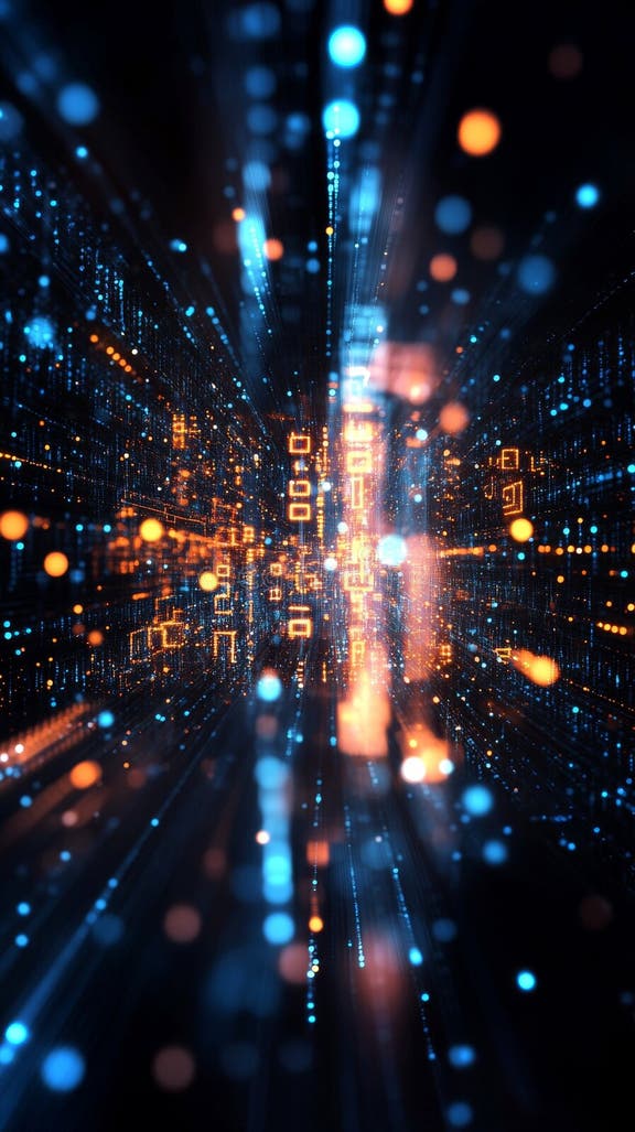 Futuristic Digital Data Stream with Abstract Numbers and Glowing Elements in a Vibrant Backdrop ...