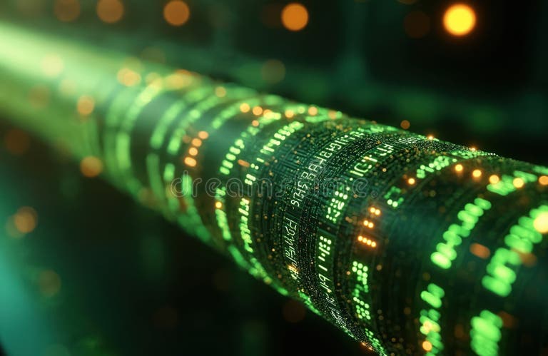 Futuristic Digital Data Stream with Binary Code. Glowing Green Tech Fiber Cable. Technology ...