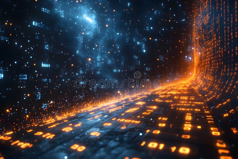 Futuristic Digital Data Stream in a Cybernetic Tunnel with Glowing Binary Code Generative AI ...
