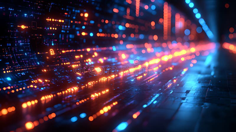 Futuristic Digital Data Stream Flowing through Network, Glowing Neon Lights, Server Room ...