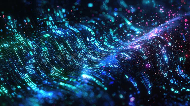 Futuristic Digital Data Stream with Glowing Binary Code and Light ...