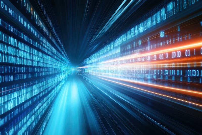 Futuristic Digital Data Stream with Glowing Binary Code and Vibrant Light Trails Representing ...