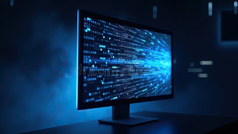 Futuristic Digital Data Stream On Screen With Binary Code Abstract Stock Illustration