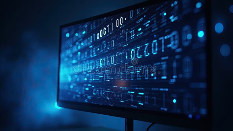 Futuristic Digital Data Stream On Screen With Binary Code Abstract