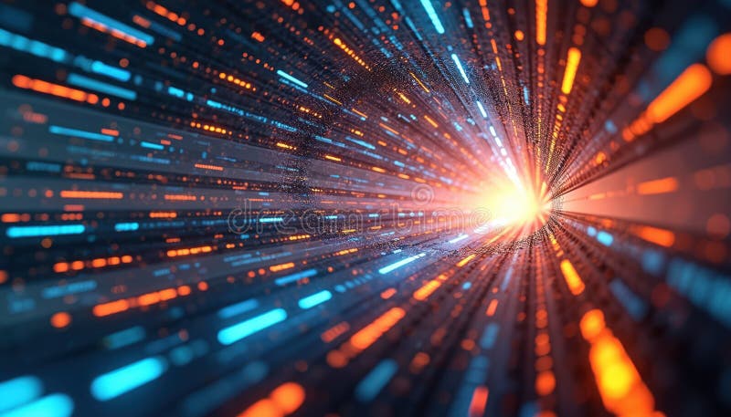 Futuristic Digital Data Stream Tunnel with Orange, Blue Light Particles. Abstract Tech ...