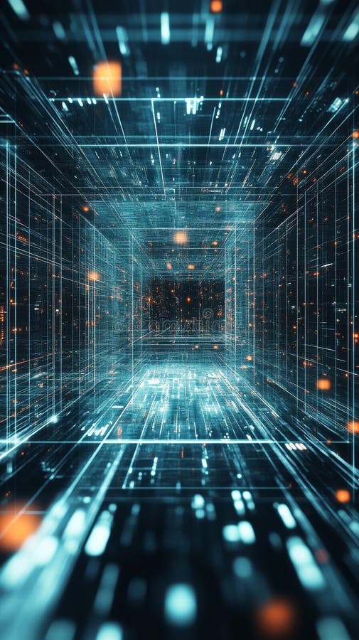 Futuristic Digital Data Tunnel with Glowing Blue and Orange Lights ...