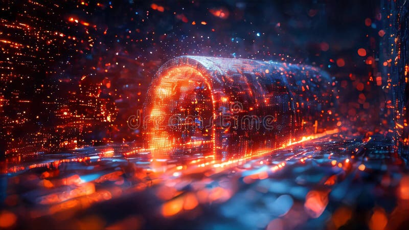 Futuristic Digital Data Tunnel with Glowing Orange and Blue Lights ...