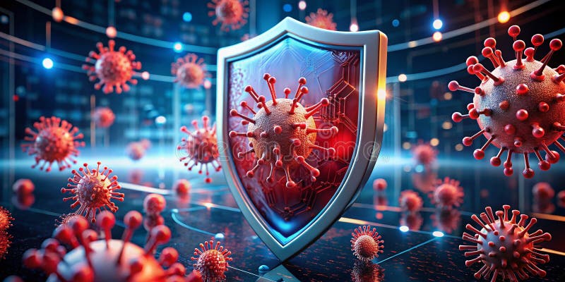 Futuristic Digital Defense Red Shields Advanced Immunity and Antivirus ...