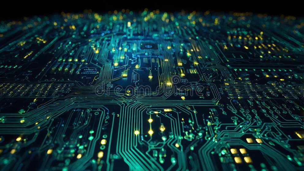Futuristic Digital Design Featuring Circuitry, Microchips, and Flowing Binary Data Stock Photo ...