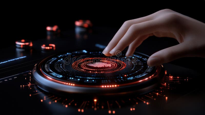 A Futuristic Digital Device Featuring a Glowing Fingerprint Scanner on ...