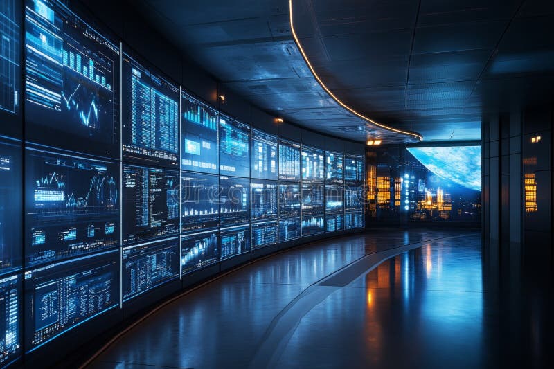 Futuristic Digital Display Environment with Blue Lighting and High-Tech ...