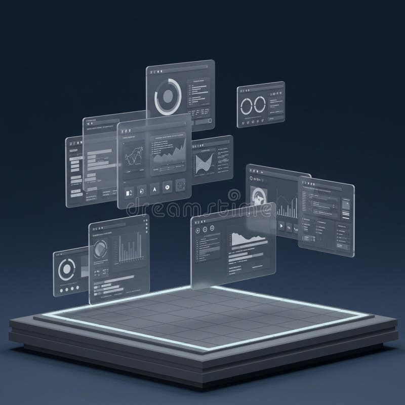 A Futuristic Digital Display Features Transparent Screens with Various ...