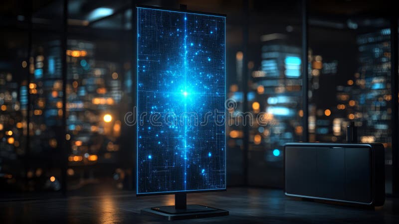 Futuristic Digital Display with Glowing Particles in a Modern Urban ...