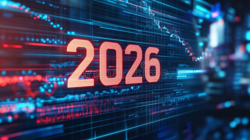 Futuristic Digital Display Highlighting the Year 2026 with Colorful ...