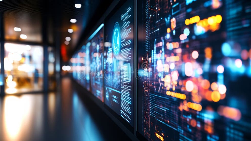 Futuristic Digital Display in Modern Technology Space Showcasing Vibrant Data Visualizations ...