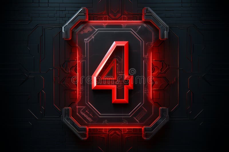 Futuristic Digital Display of Number Four in Glowing Red Against Dark ...