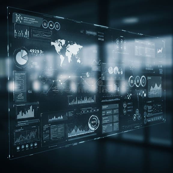 A Futuristic Digital Display Presents Complex Data Visualizations and Analytic Graphs, Stock ...