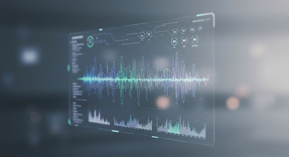 A Futuristic Digital Display Shows a Stylized Sound Wave in Blue and ...