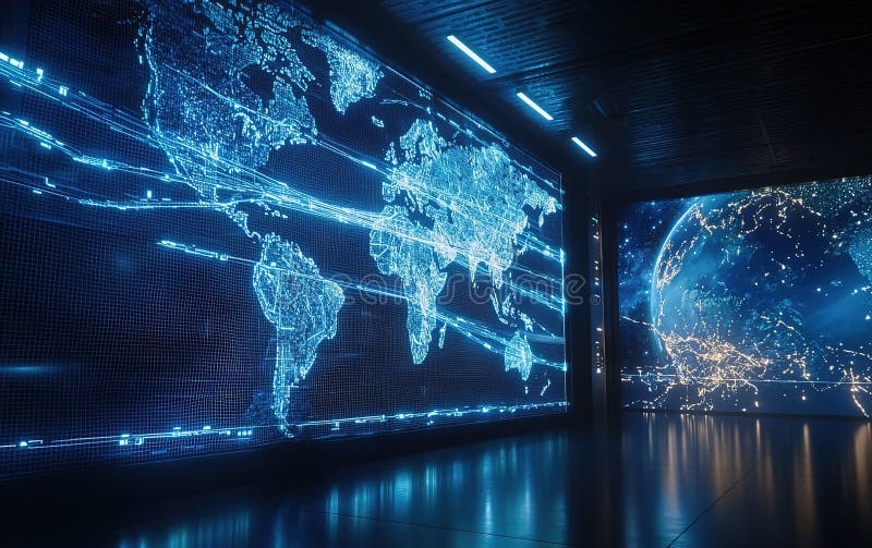 Futuristic Digital Display of the World Map and Globe in a High-tech Environment at Night ...