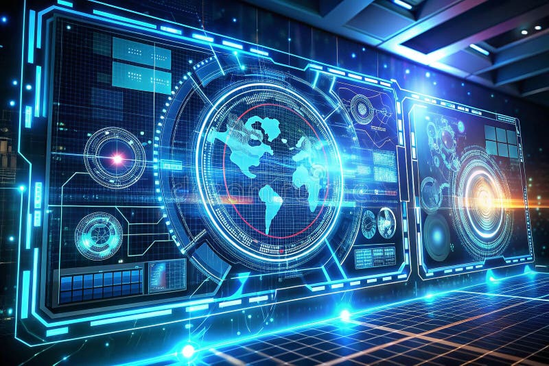 Futuristic Digital Displays Showing World Map, in a Modern Control Room ...