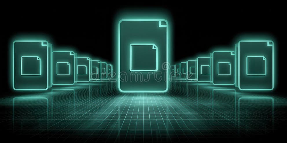 Futuristic Digital Documents Glowing in a Dark Virtual Space with Grid ...