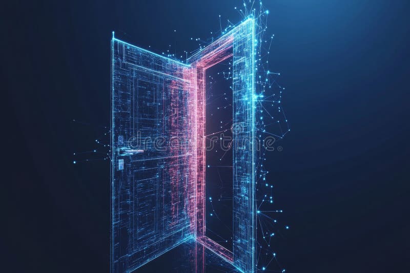 Futuristic Digital Door with Glowing Particles and Connections Stock ...