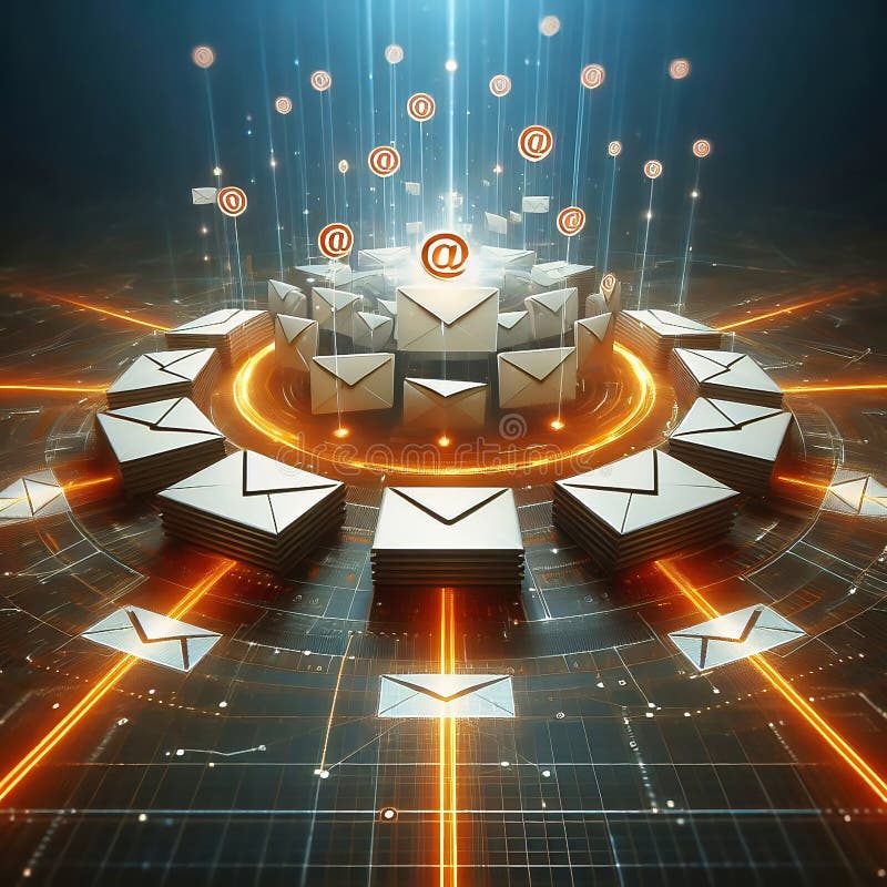 Futuristic Digital E-mail Transmission: Glowing Envelopes Float Across ...