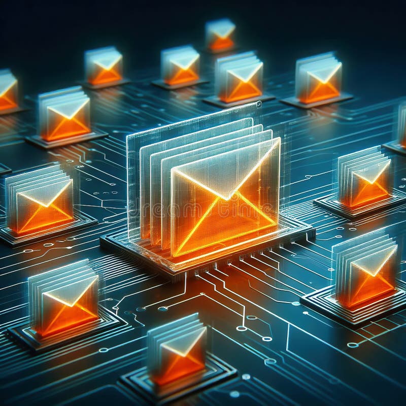 Futuristic Digital E-mail Transmission: Glowing Envelopes Float Across ...