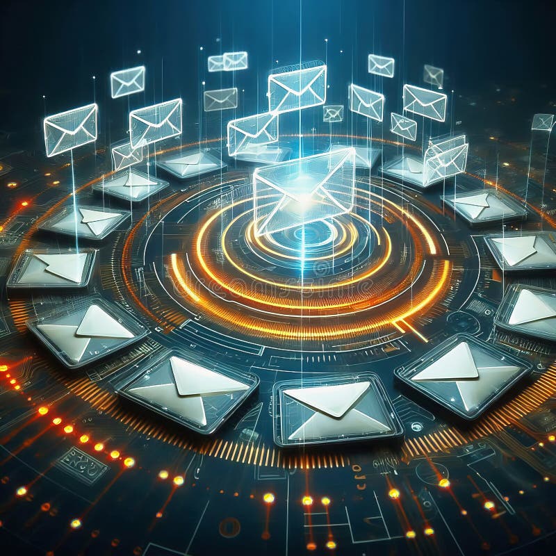 Futuristic Digital E-mail Transmission: Glowing Envelopes Float Across ...