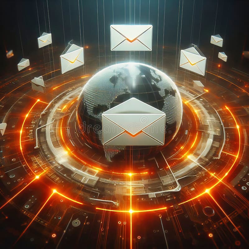 Futuristic Digital E-mail Transmission: Glowing Envelopes Float Across ...