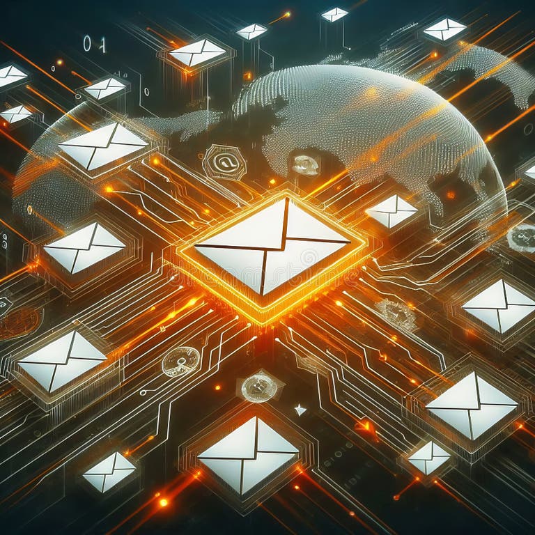 Futuristic Digital E-mail Transmission: Glowing Envelopes Float Across ...