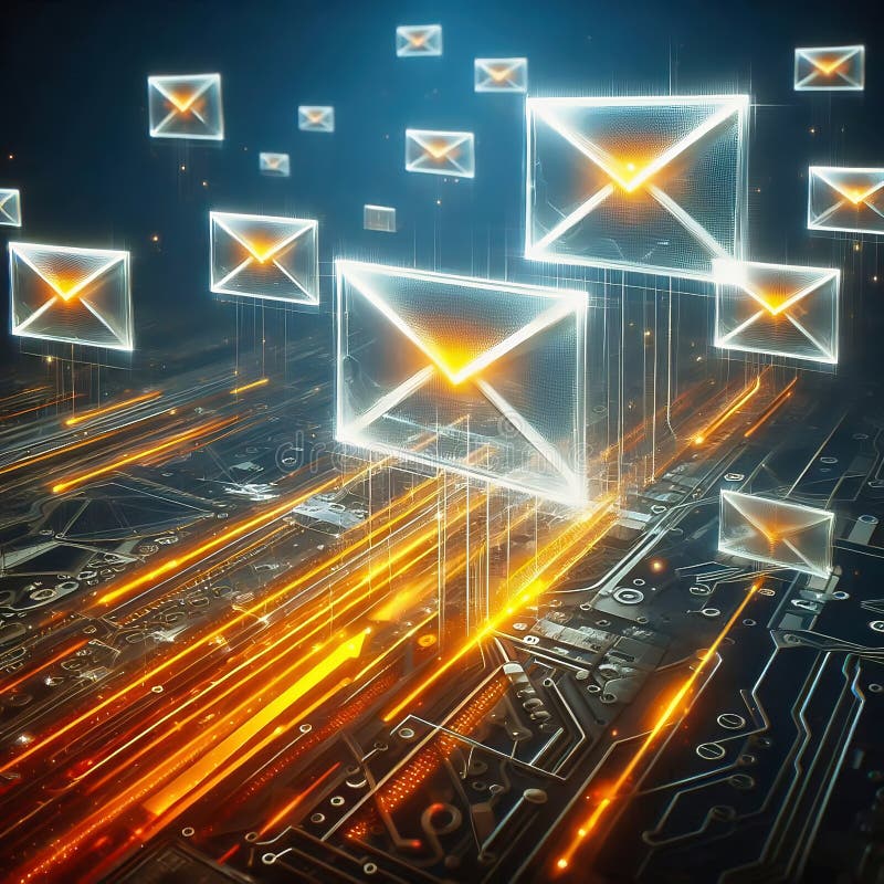Futuristic Digital E-mail Transmission: Glowing Envelopes Float Across ...