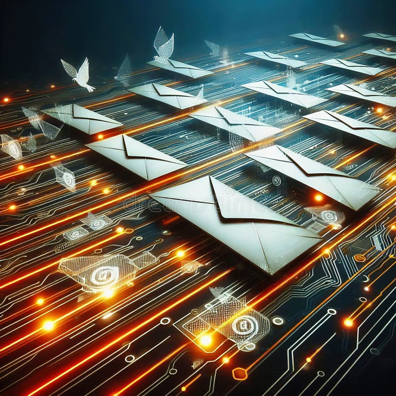 Futuristic Digital E-mail Transmission: Glowing Envelopes Float Across ...