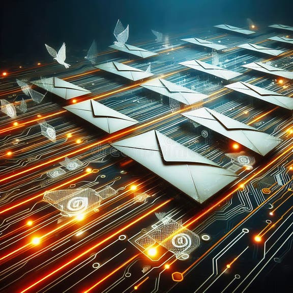 Futuristic Digital E-mail Transmission: Glowing Envelopes Float Across ...