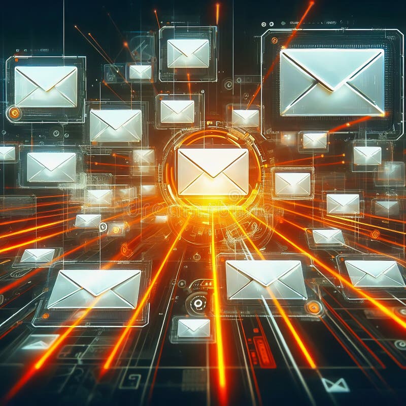 Futuristic Digital E-mail Transmission: Glowing Envelopes Float Across ...