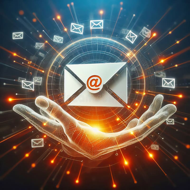 Futuristic Digital E-mail Transmission: Glowing Envelopes Float Across ...