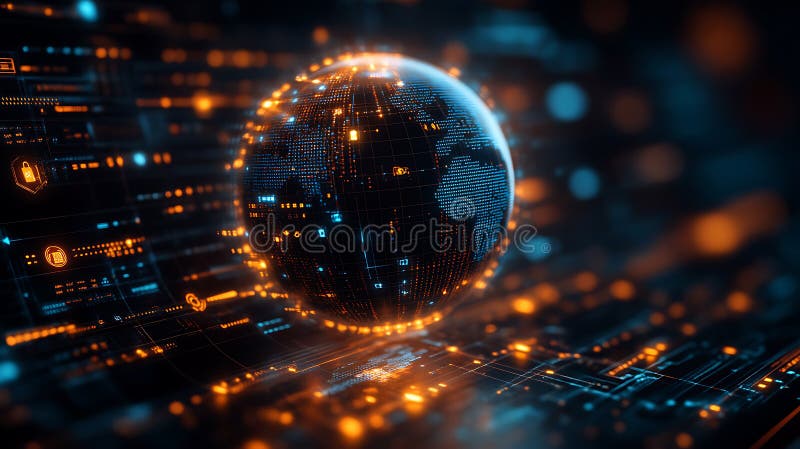 Futuristic Digital Earth Globe with Glowing Circuit Board Data Network ...
