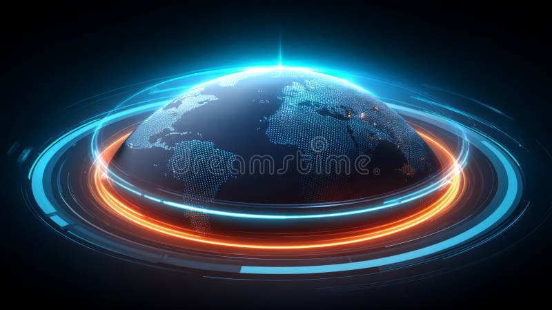 Futuristic Digital Earth with Glowing Data Rings Stock Image - Image of ...