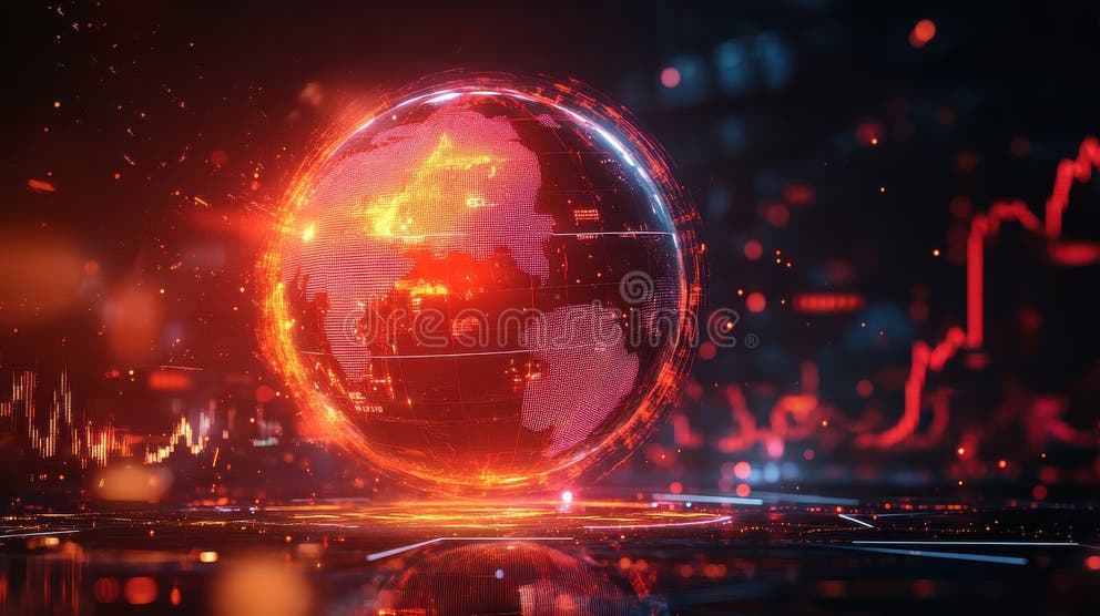 Futuristic Digital Earth with Red Neon Glow and Data Points for ...