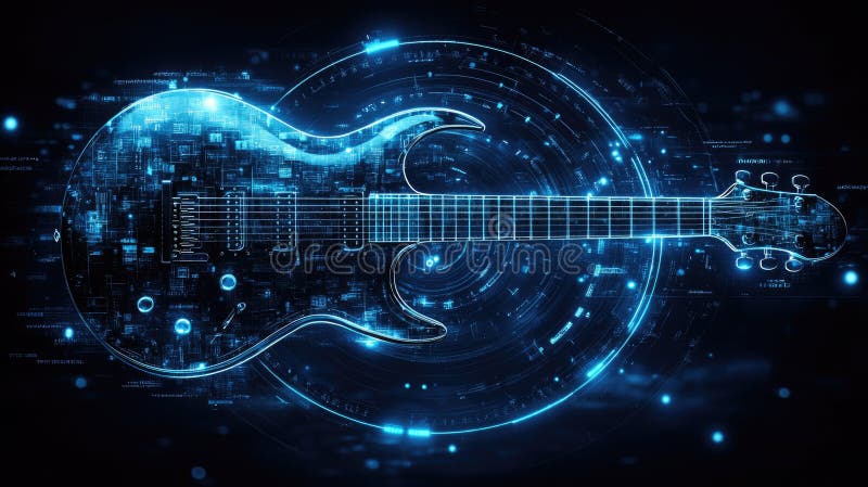 Futuristic Digital Electric Guitar with Neon Blue Light Effects in Dark ...