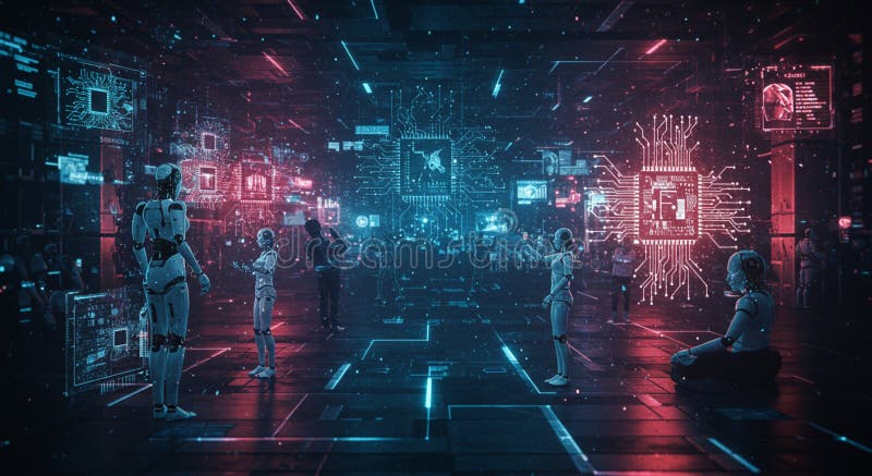 Futuristic Digital Environment Featuring Humanoid Robots in an ...