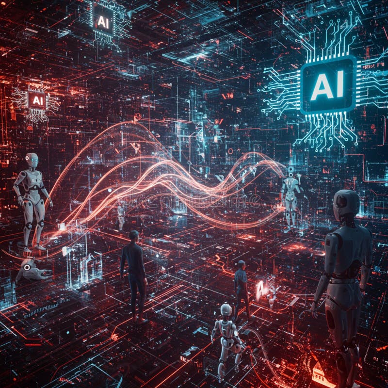 Futuristic Digital Environment Featuring Humanoid Robots and a Human ...