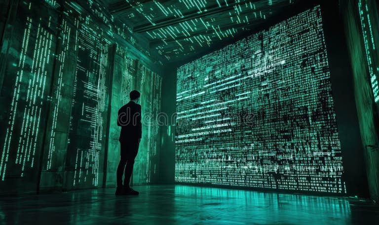 Futuristic Digital Environment with Glowing Green Binary Code and a Silhouette of a Person ...