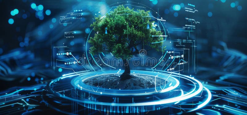 Futuristic Digital Environment Showcasing a Tree with Technology ...