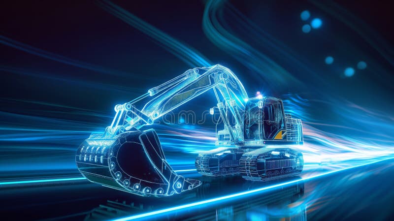 Futuristic Digital Excavator in Neon Blue Light Stock Image - Image of ...