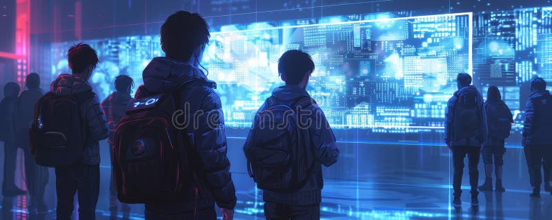 Futuristic Digital Exhibition with People Viewing Interactive Screens ...