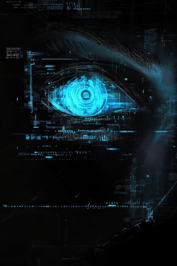 Futuristic Digital Eye with Glowing Blue Lines and High-tech Symbols ...