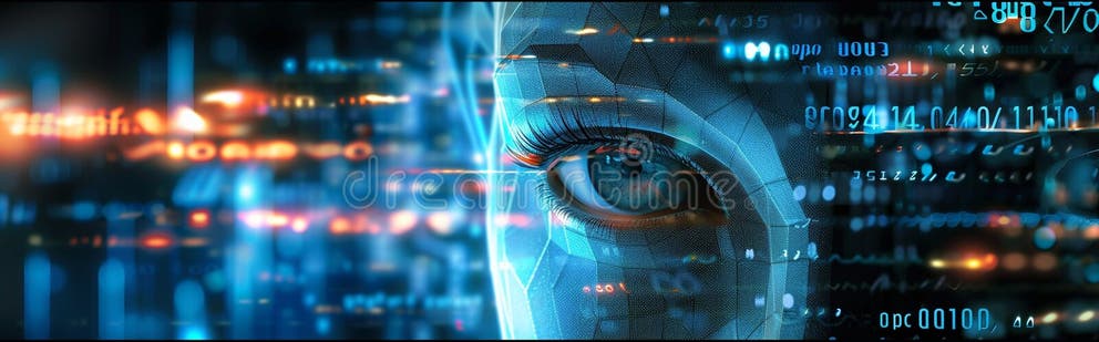 Futuristic Digital Face with an Eye, Surrounded by Glowing Binary Code ...